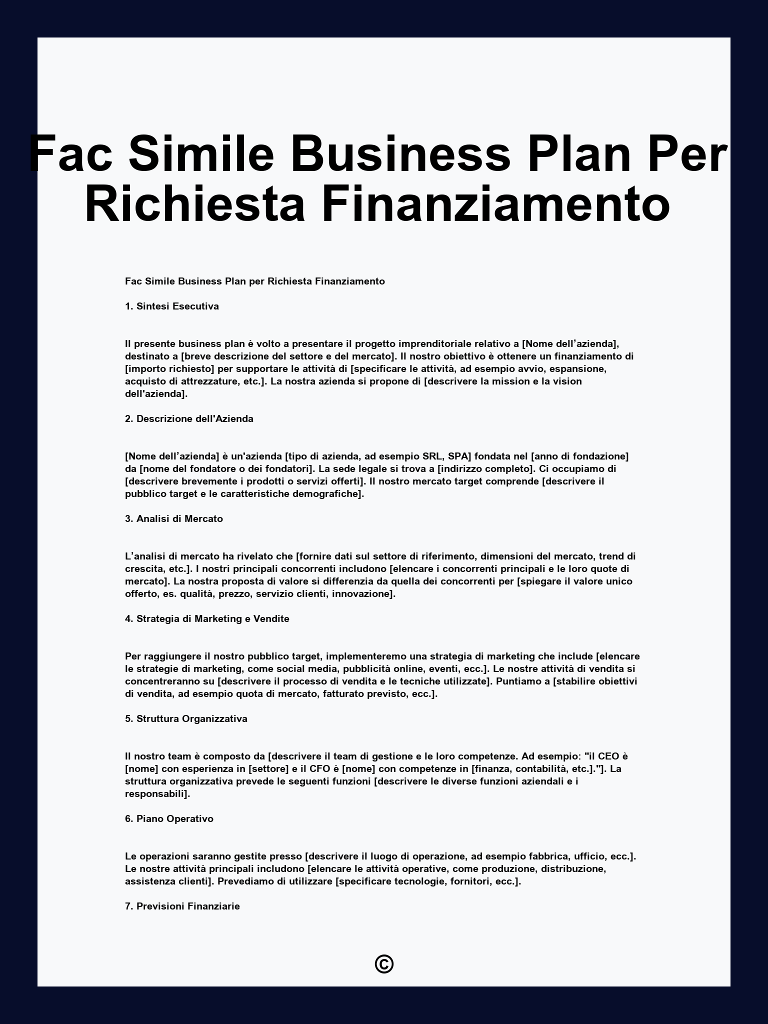 Fac Simile Business Plan Per Richiesta Finanziamento